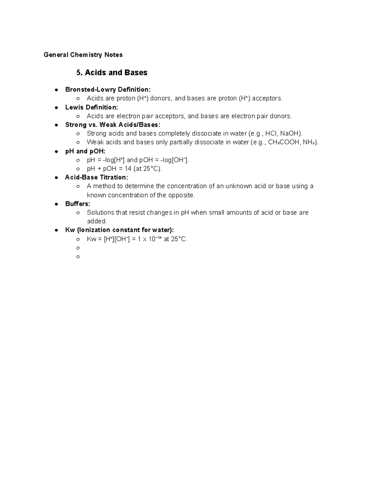 General Chemistry Notes - Acids and Bases Bronsted-Lowry Definition ...