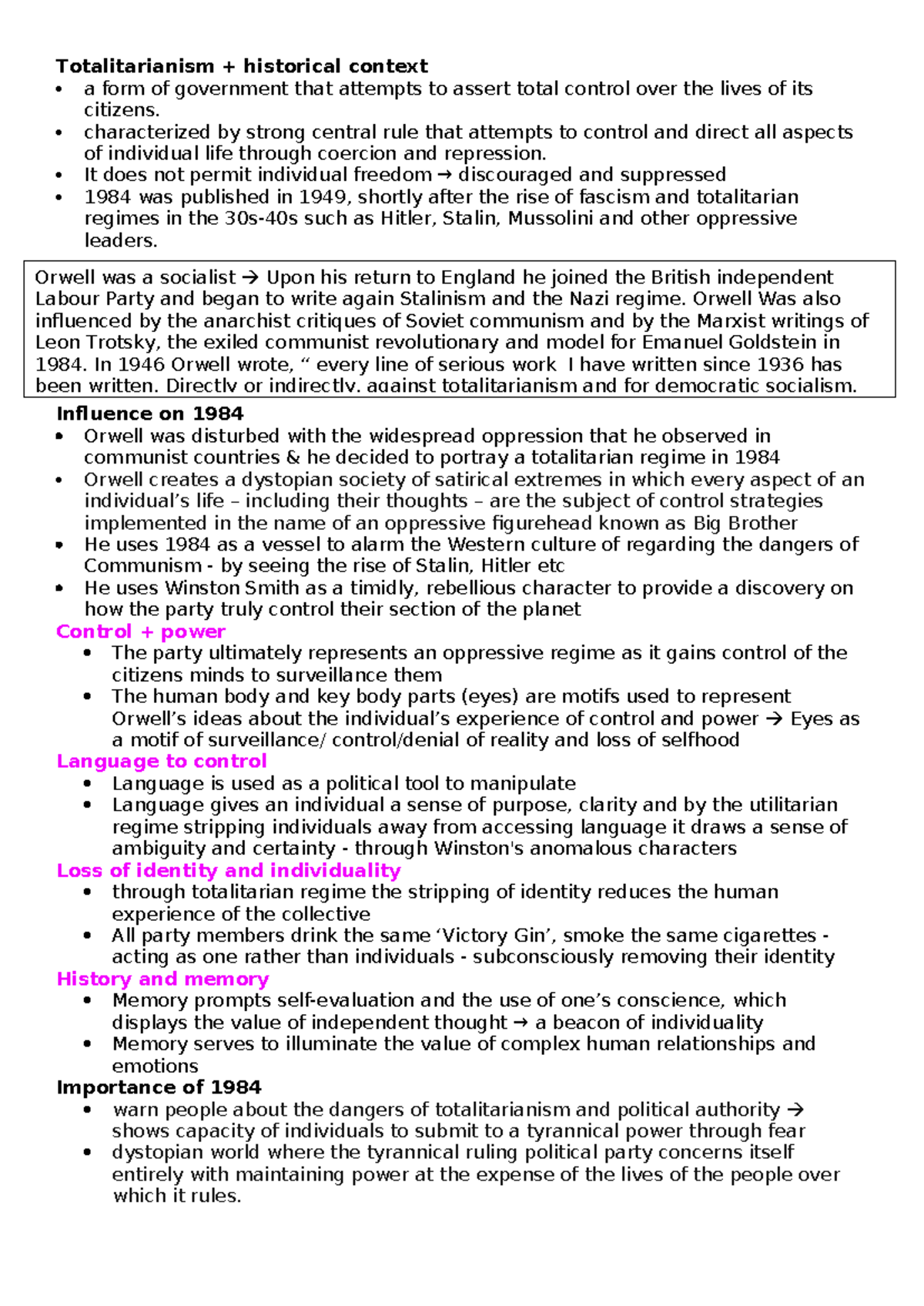 Context sheet 1984 - Totalitarianism + historical context a form of ...