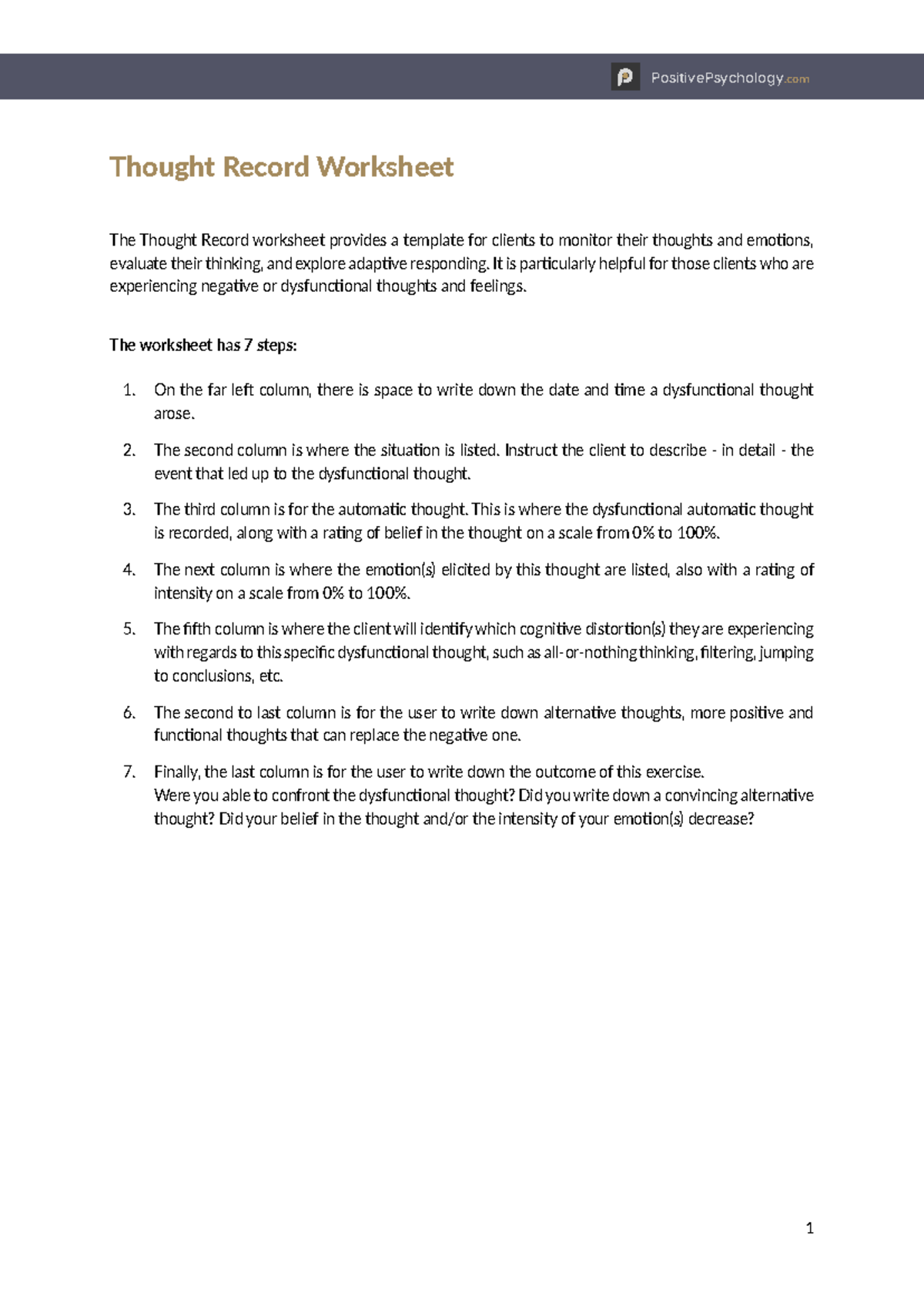 PositivePsychology.com Thought Record Worksheet Guide - Studocu