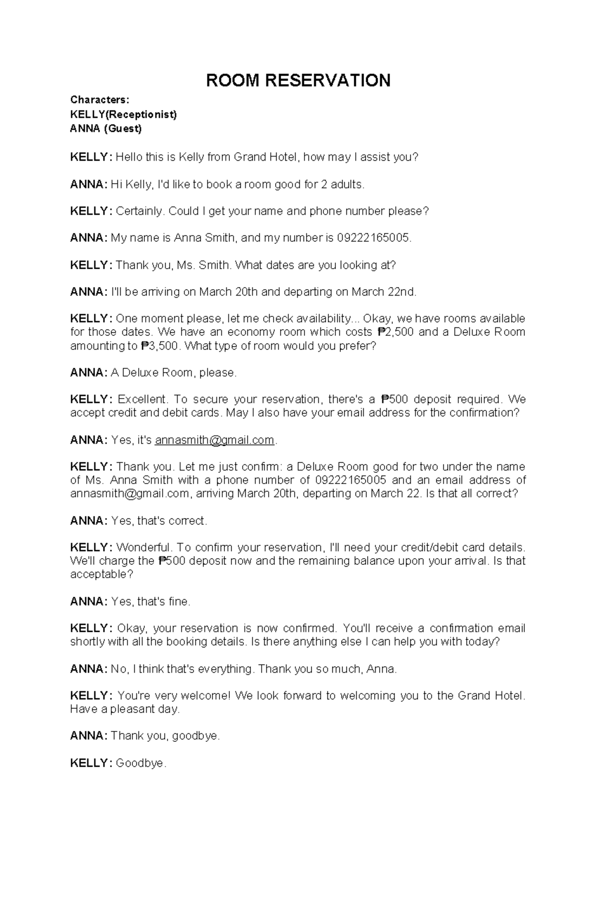 ROOM RESERVATION SCENARIO: KELLY & ANNA'S HOTEL BOOKING - Studocu