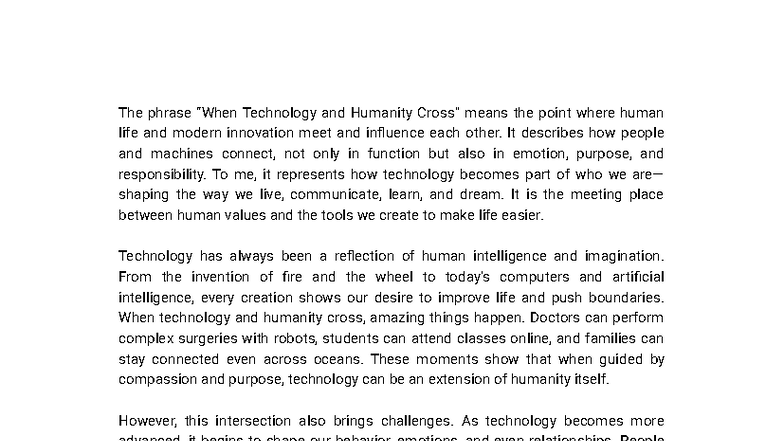 Technology and Humanity: A Reflection on Innovation and Values - Studocu