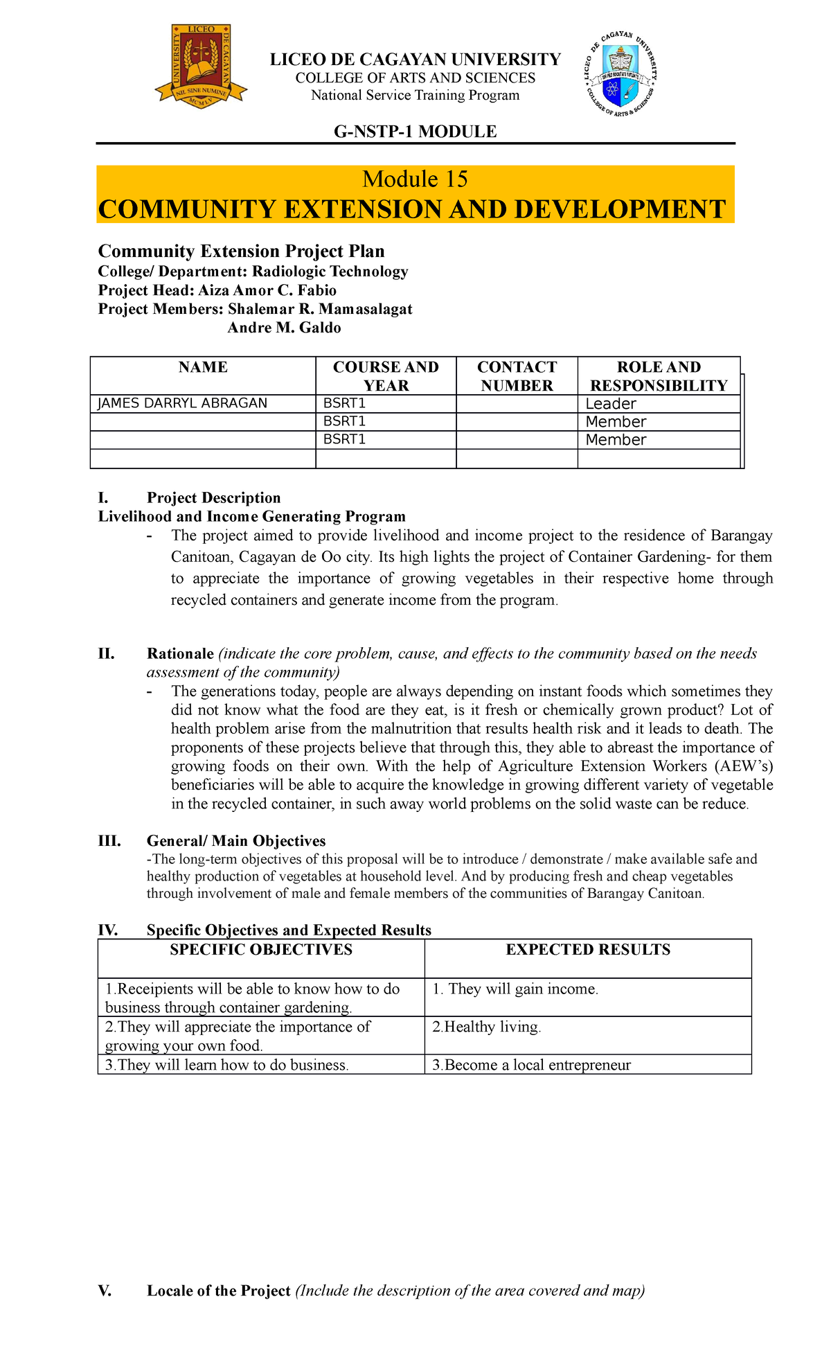 G-NSTP-1 Community Extension Project Plan for Barangay Canitoan - Studocu