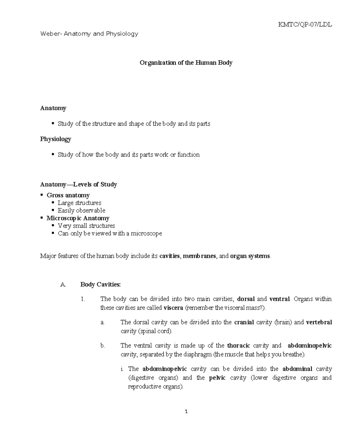 Anatomy and Physiology (ANAT 101): Organization of the Human Body Notes ...