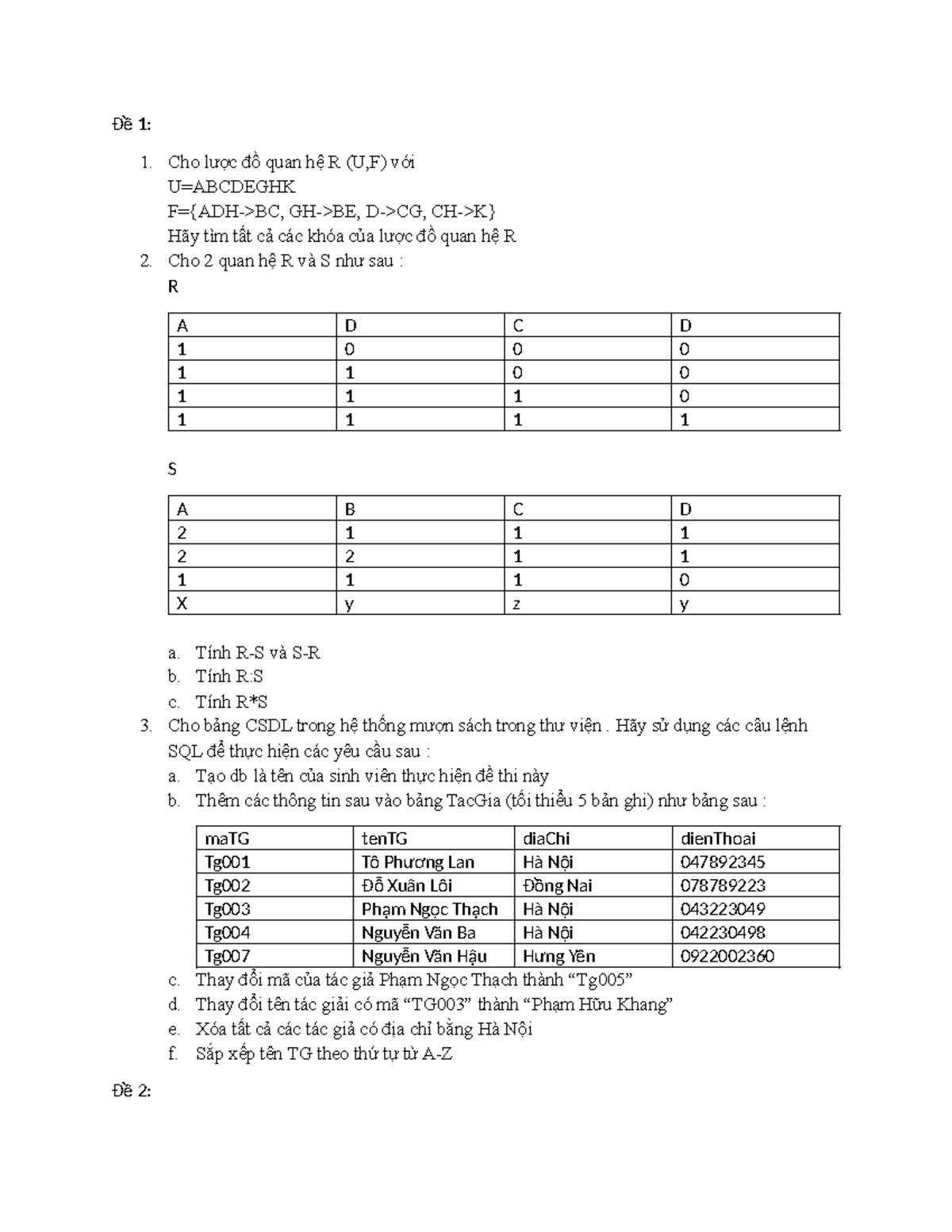 Đề thi SQL và Đại số quan hệ - Dektkythuatphanmem - Studocu