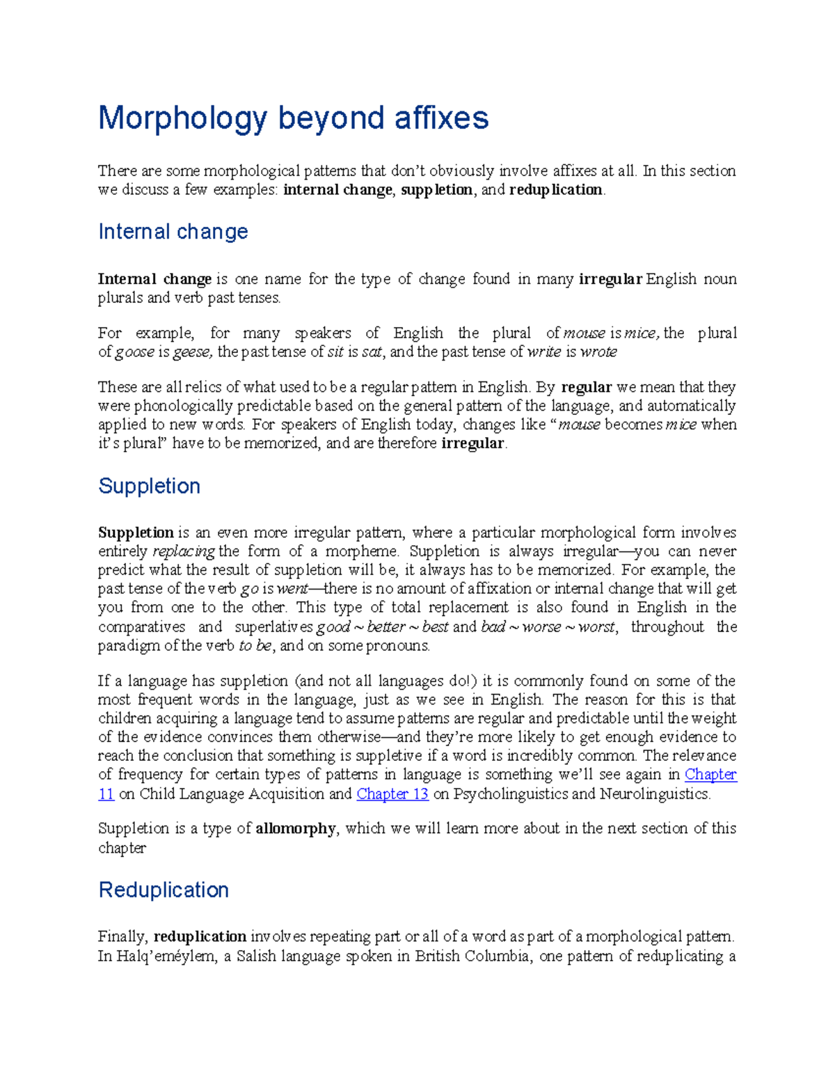 Morphology Beyond Affixes: Internal Change, Suppletion & Reduplication ...