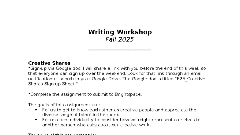 F25 Writing Workshop: Creative Shares Assignment Overview - Studocu