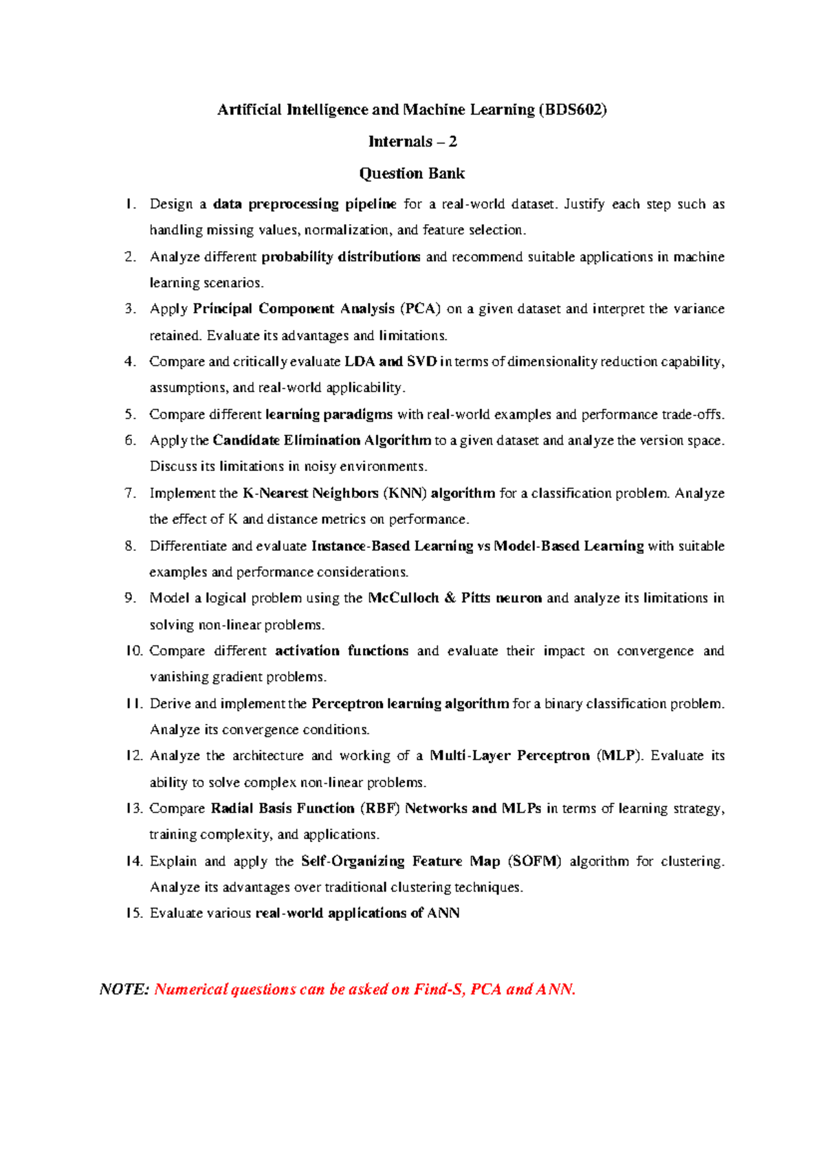 AIML BDS602 Internals 2 Question Bank: Key Concepts & Applications ...