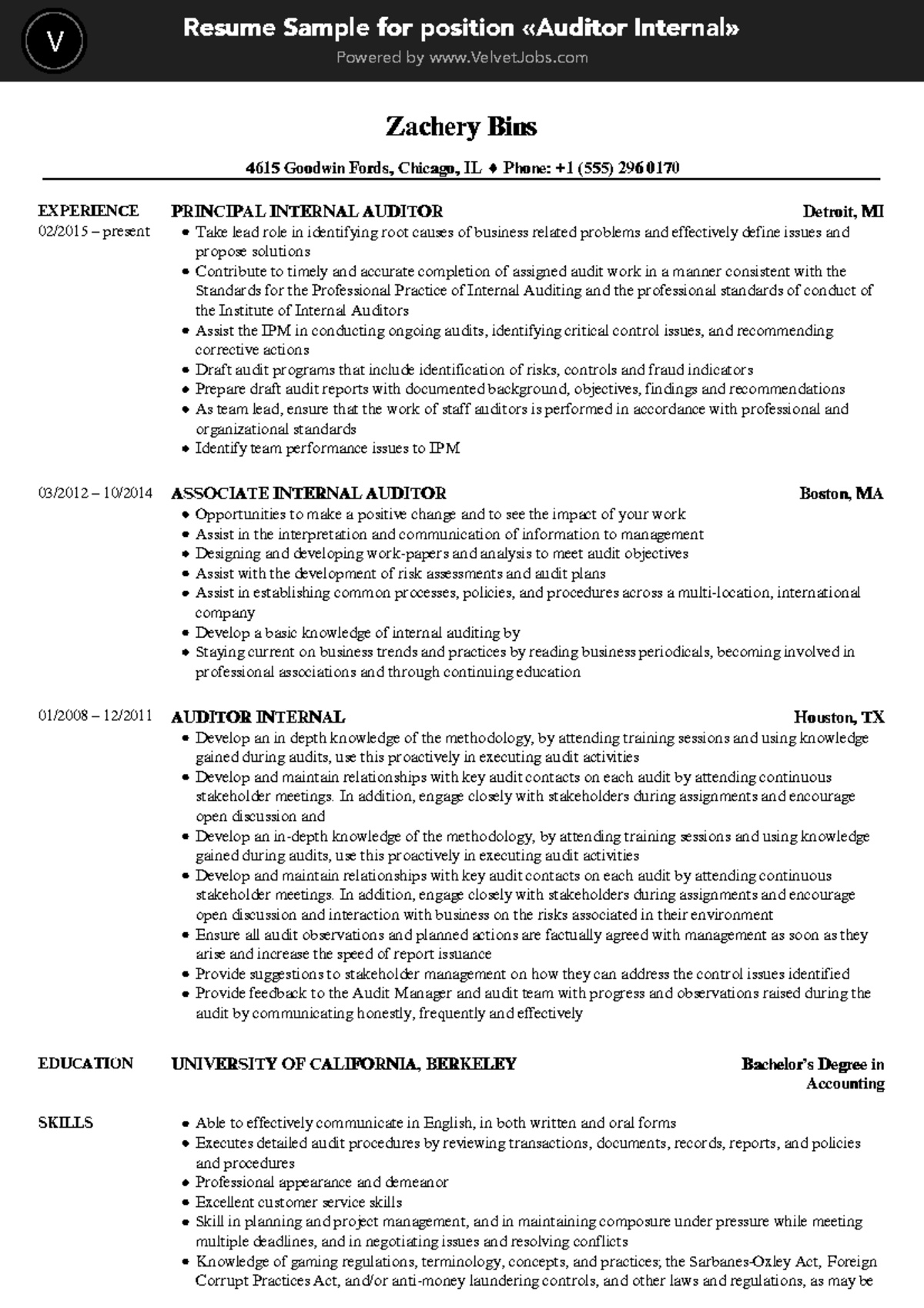 Auditor Internal Resume Sample - Career Overview & Insights - Studocu