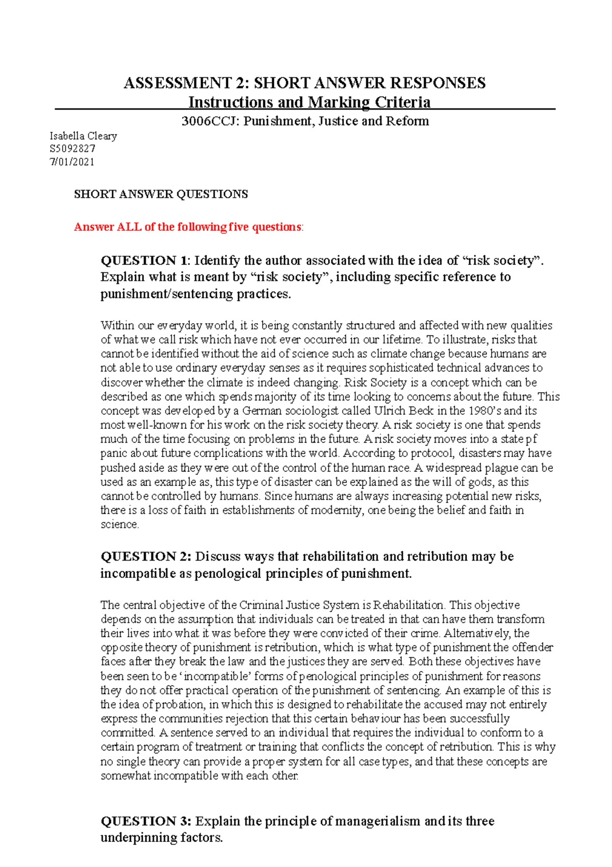 Short Answers - ASSESSMENT 2: SHORT ANSWER RESPONSES Instructions and ...