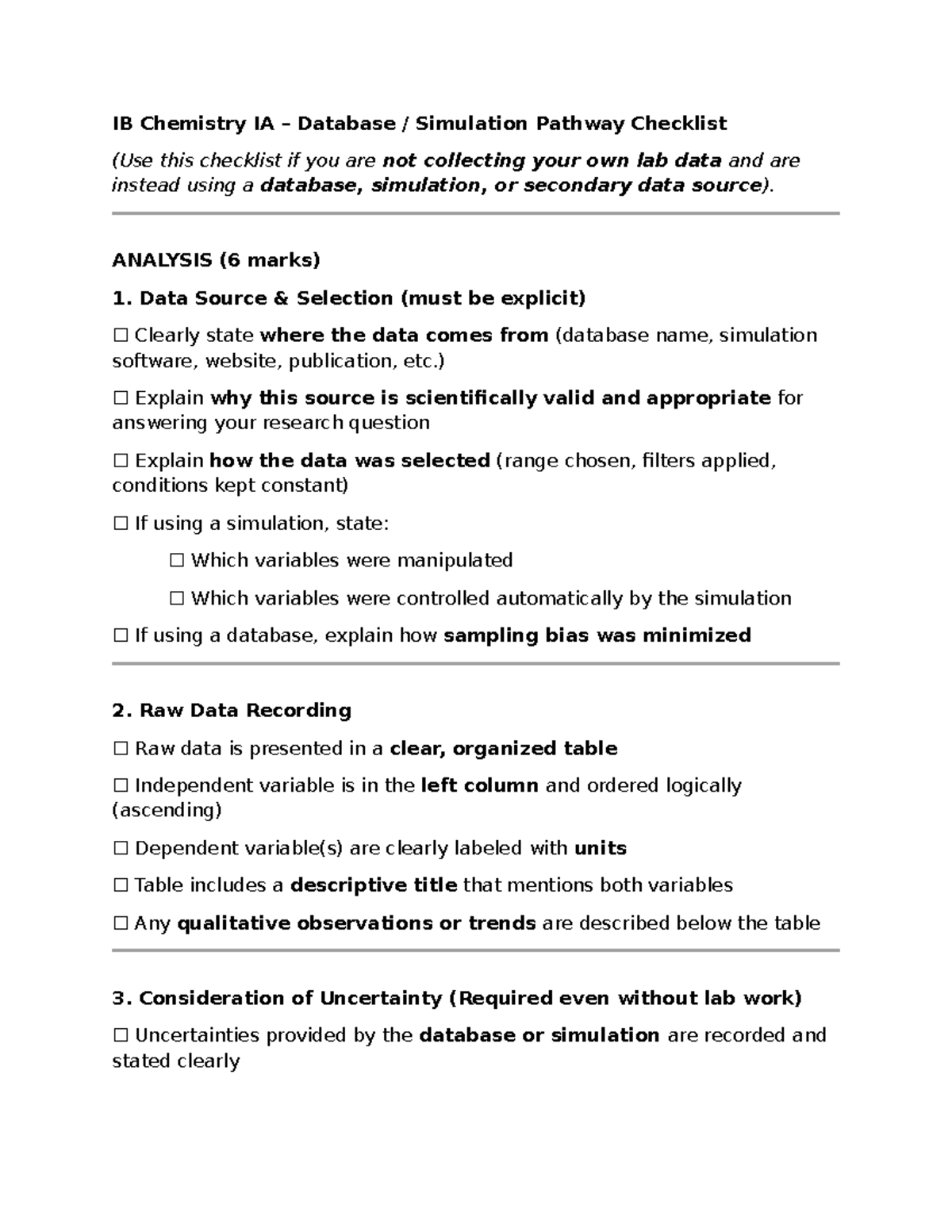 IB Chemistry IA Database Simulation Checklist & Analysis Guide - Studocu