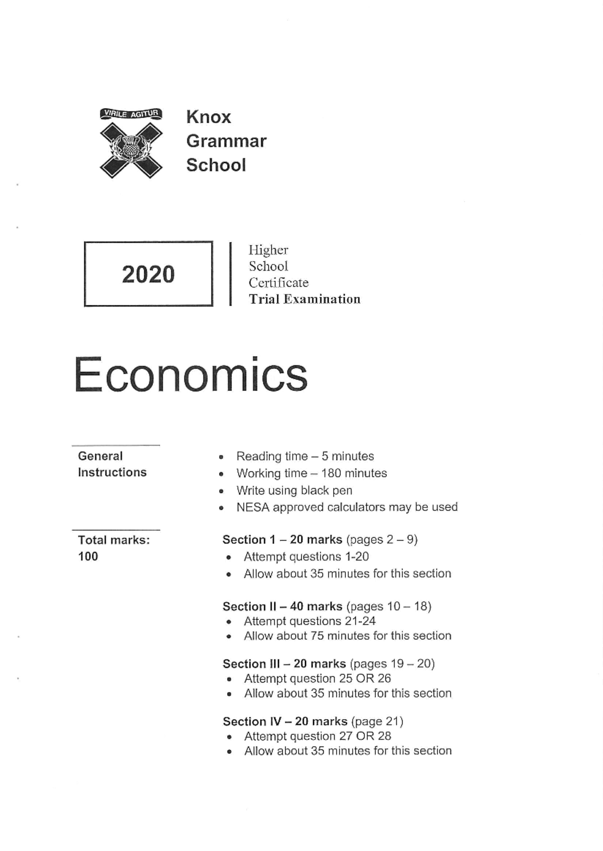 2020 HSC Trial Exam Economics Practice Paper - Knox Grammar School ...