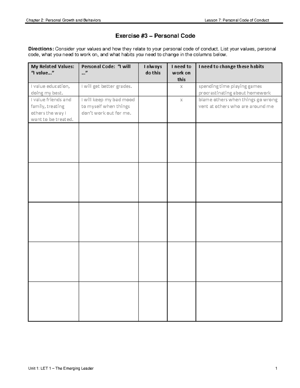 U1C2L7A3 Exercise 3 - Personal Code - Chapter 2: Personal Growth and ...