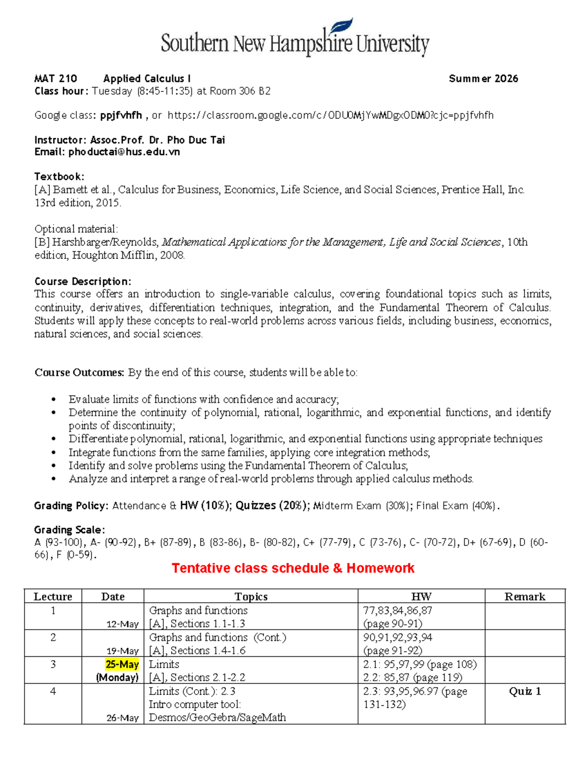 MAT 210 Applied Calculus I - Course Overview & Schedule Summer 2026 ...