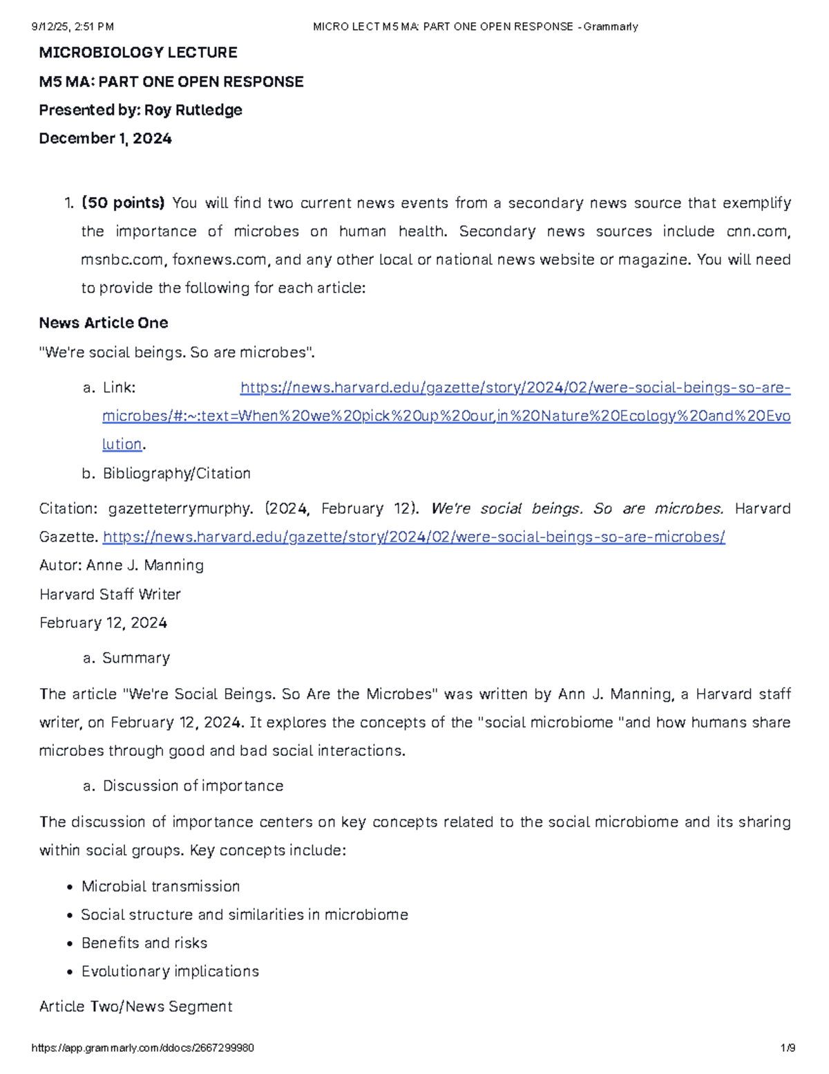 Micro LECT M5 MA: Part One Open Response on Microbial Impact - Studocu