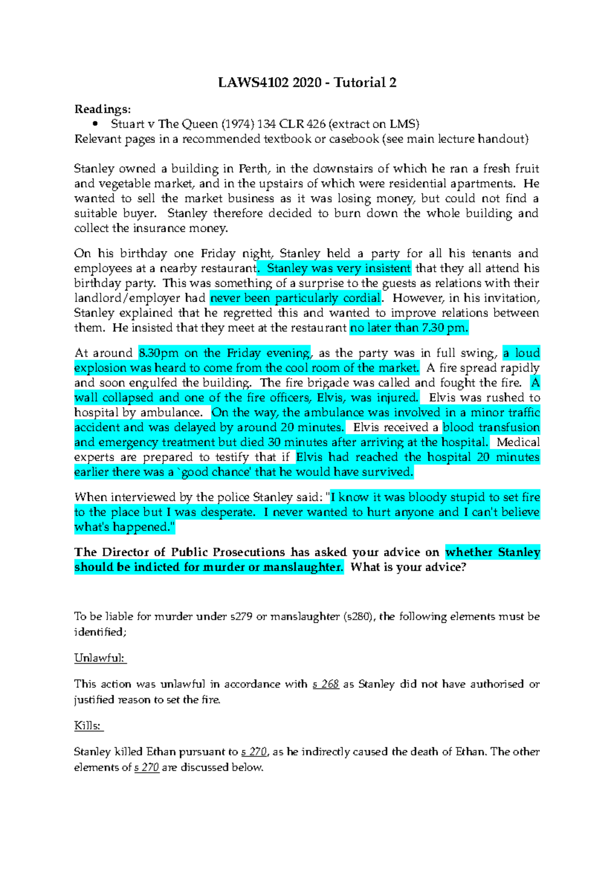 Criminal Law - tutorial 2 - LAWS4102 2020 - Tutorial 2 Readings: Stuart ...