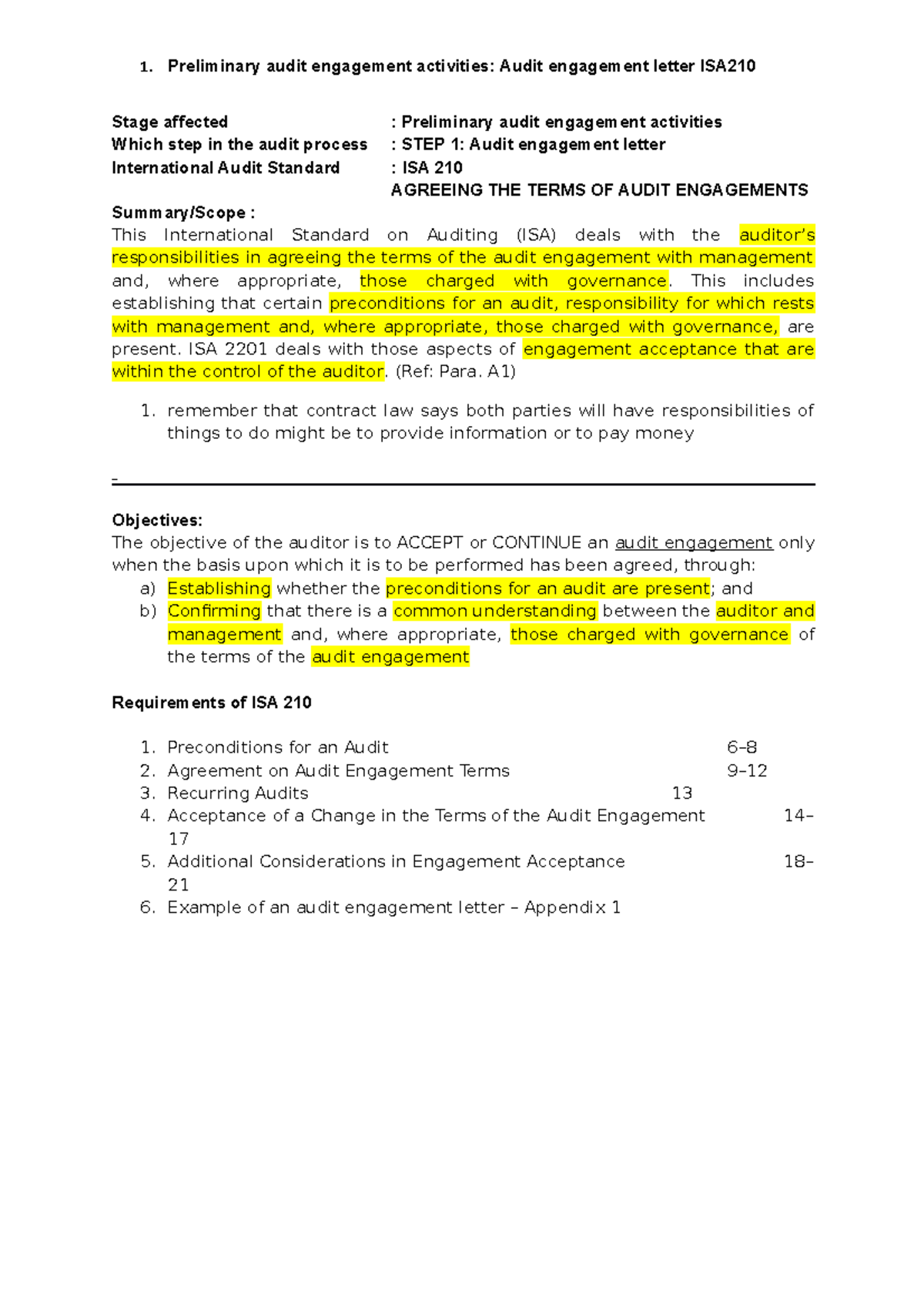 Preliminary Audit Engagement Activities: Understanding ISA 210 - Studocu