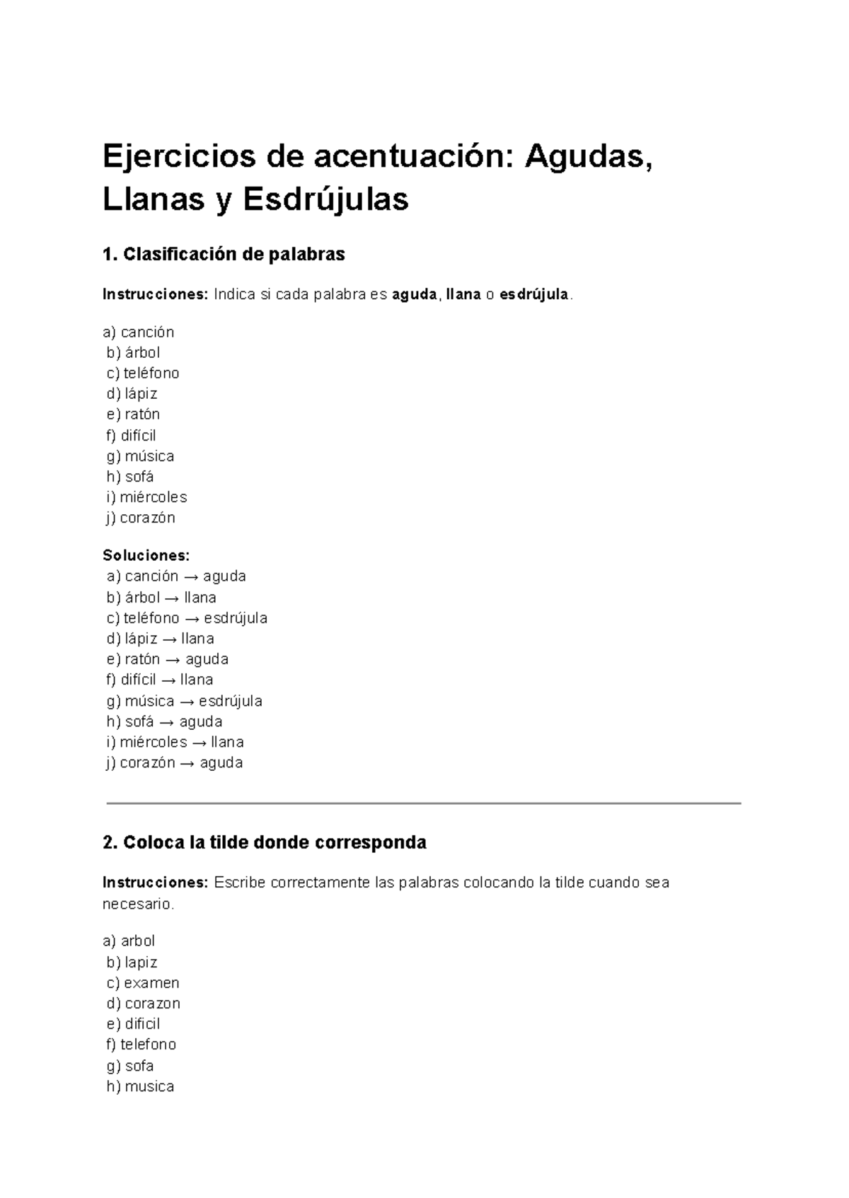 Ejercicios de Acentuación: Agudas, Llanas y Esdrújulas 1 - CON SOL ...