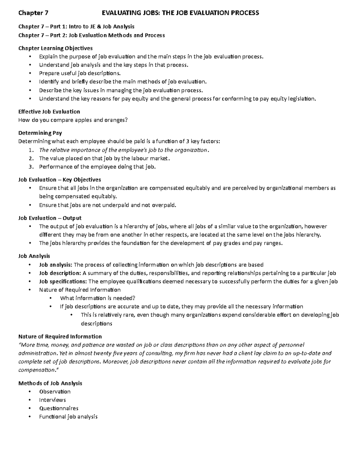 Chapter 7: Job Evaluation Process & Methods in Job Analysis - Studocu