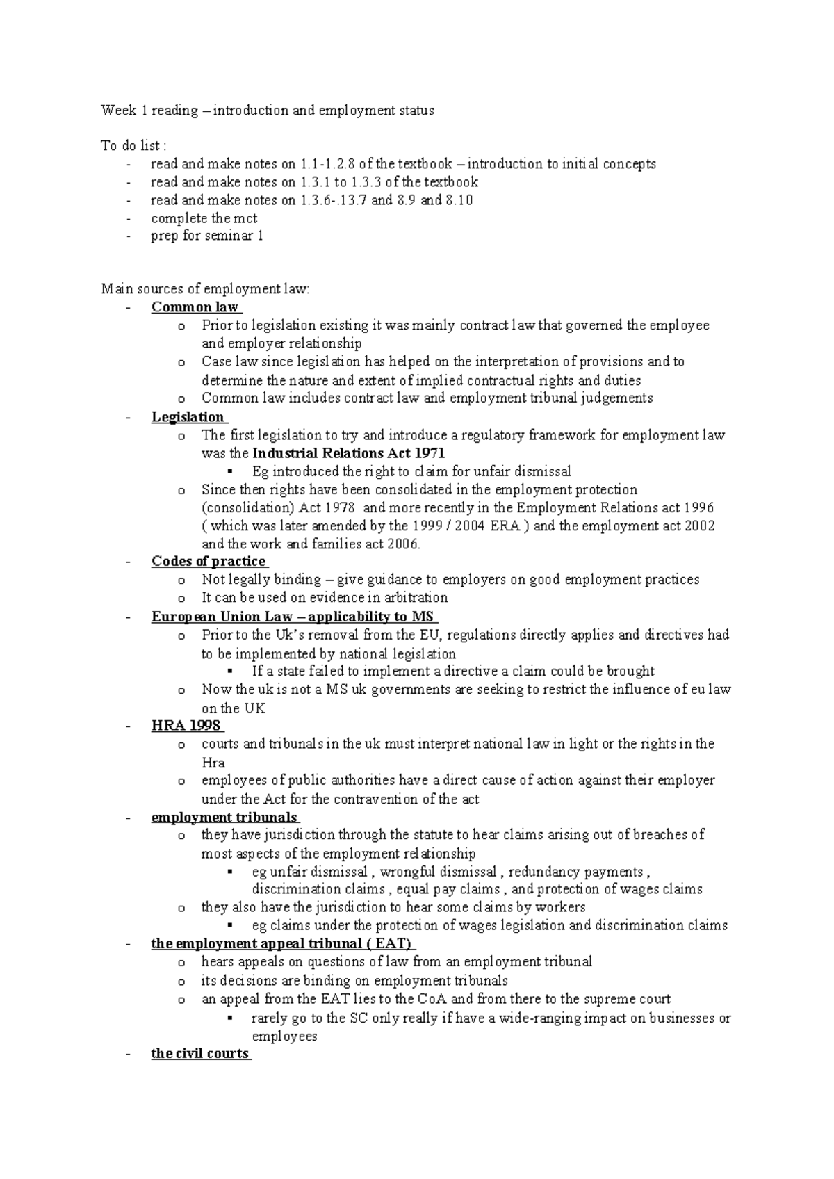 Week 1 Reading - Intro to Employment Law Concepts and Key Issues - Studocu