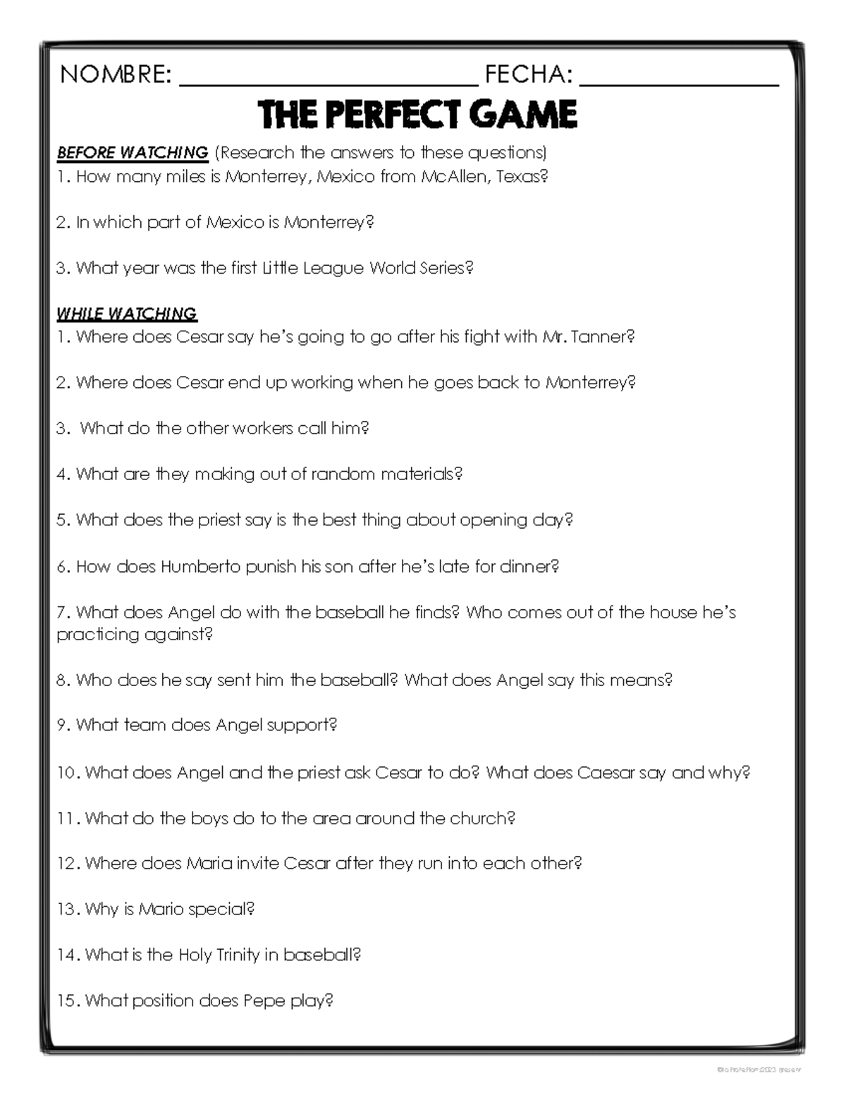 The Perfect Game Study Questions - Course: SPAN101 - Studocu