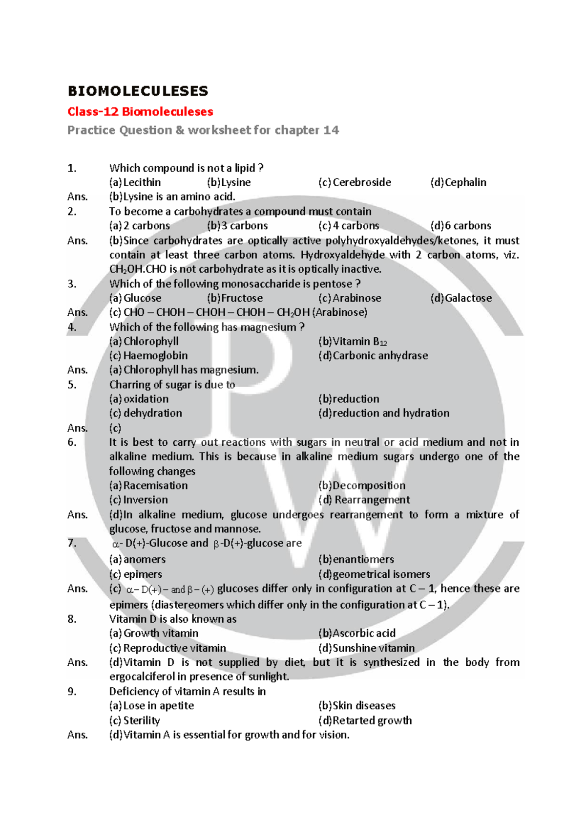 BIOMOLECULES Practice Questions Worksheet for Chapter 14 - Studocu