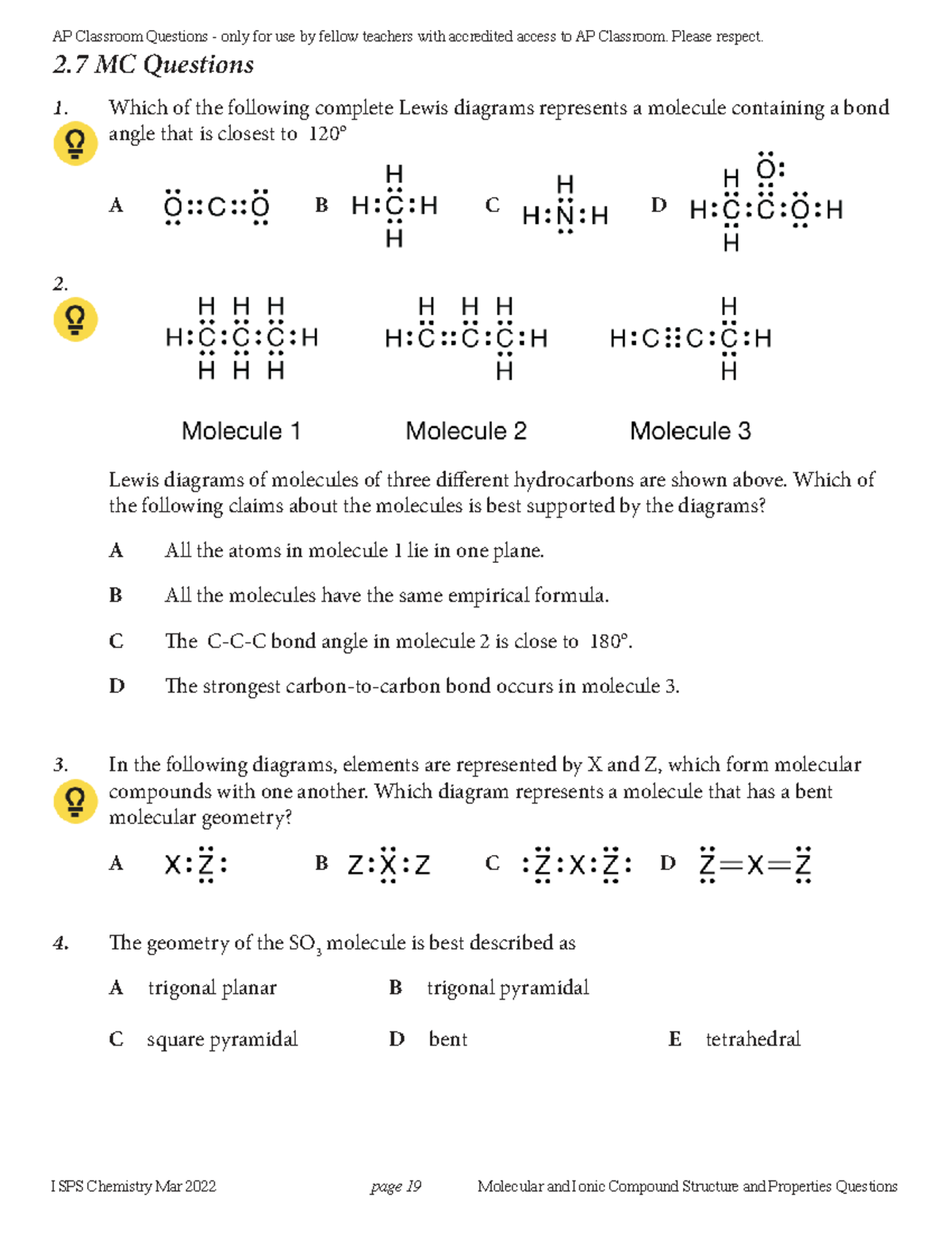 AP Chemistry 2.7 VSEPR & Bond Hybridization MCQs for Teachers - Studocu