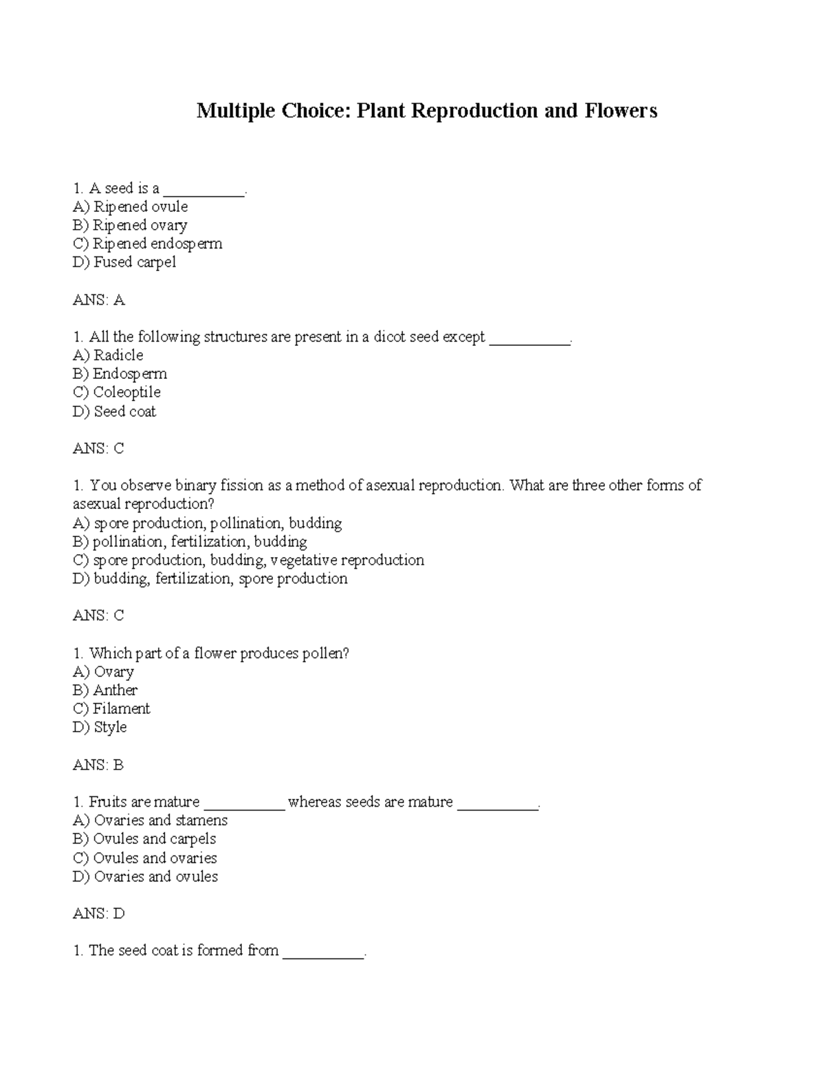 Plant Reproduction MCQs: Flower Anatomy & Asexual Methods - Studocu