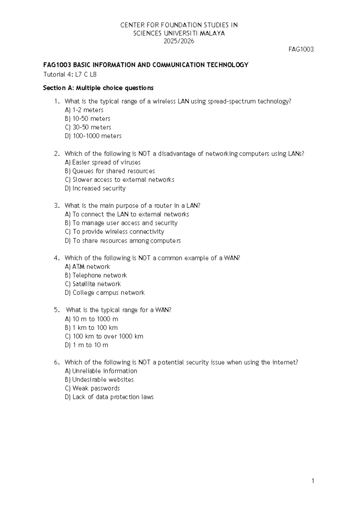 FAG1003 Basic ICT Tutorial 4: Multiple Choice Questions & Answers - Studocu