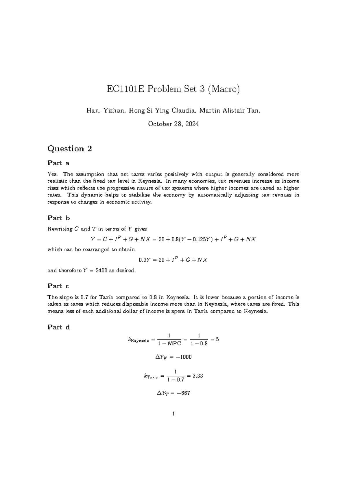EC1101E Problem Set 3 (Macro) Analysis and Solutions - Studocu