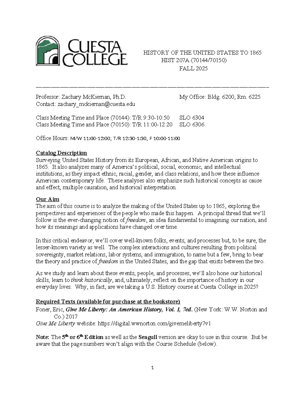 HIST 207A Syllabus: U.S. History to 1865 - Fall 2025 - Studocu