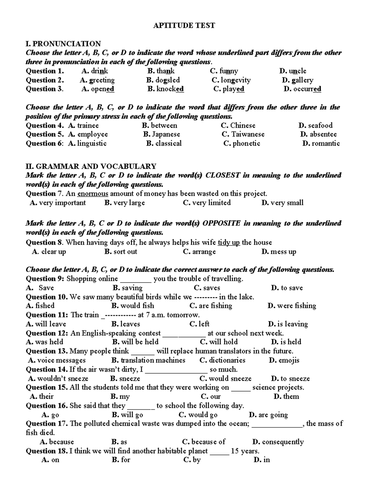 APTITUDE TEST I: PRONUNCIATION & GRAMMAR EXERCISES (Grade 8) - Studocu