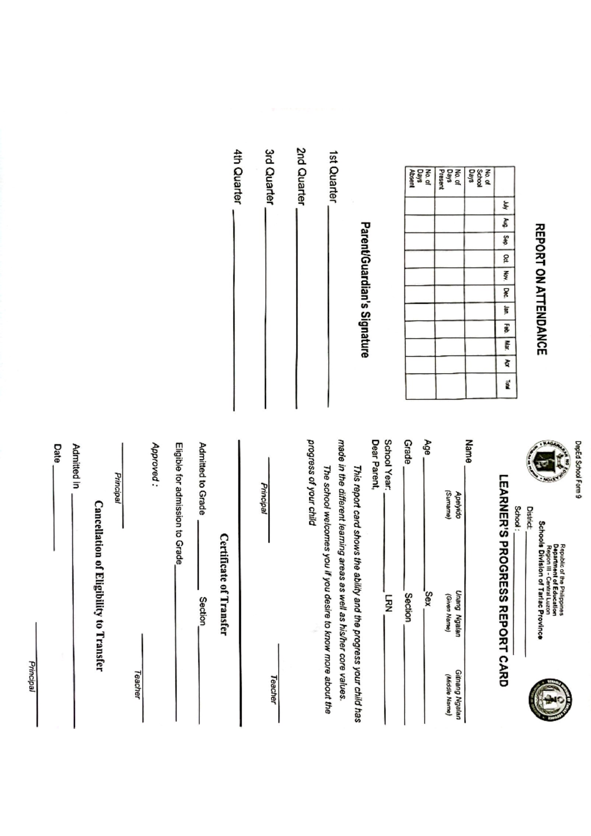 DepEd School Form 9 report on attendance for school year 2024 - Studocu