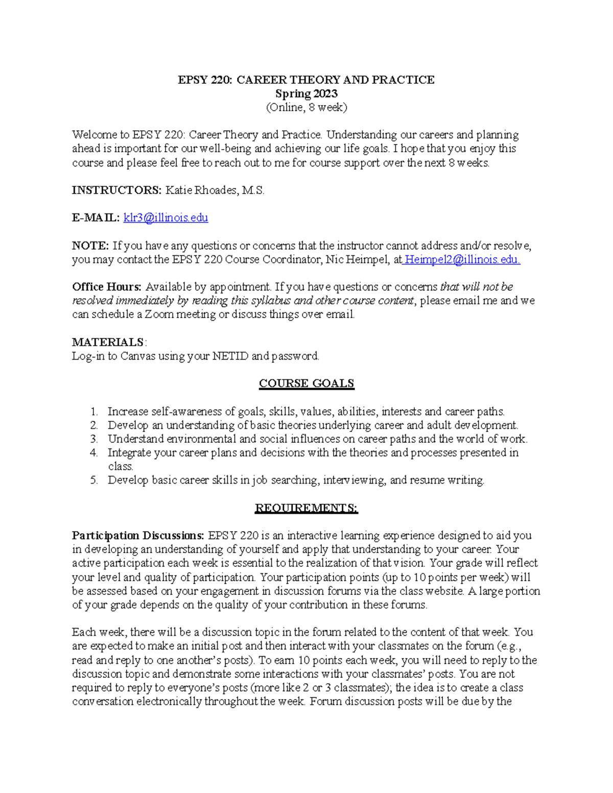 EPSY 220 Spring 2023 Syllabus: Career Theory & Practice Overview - Studocu