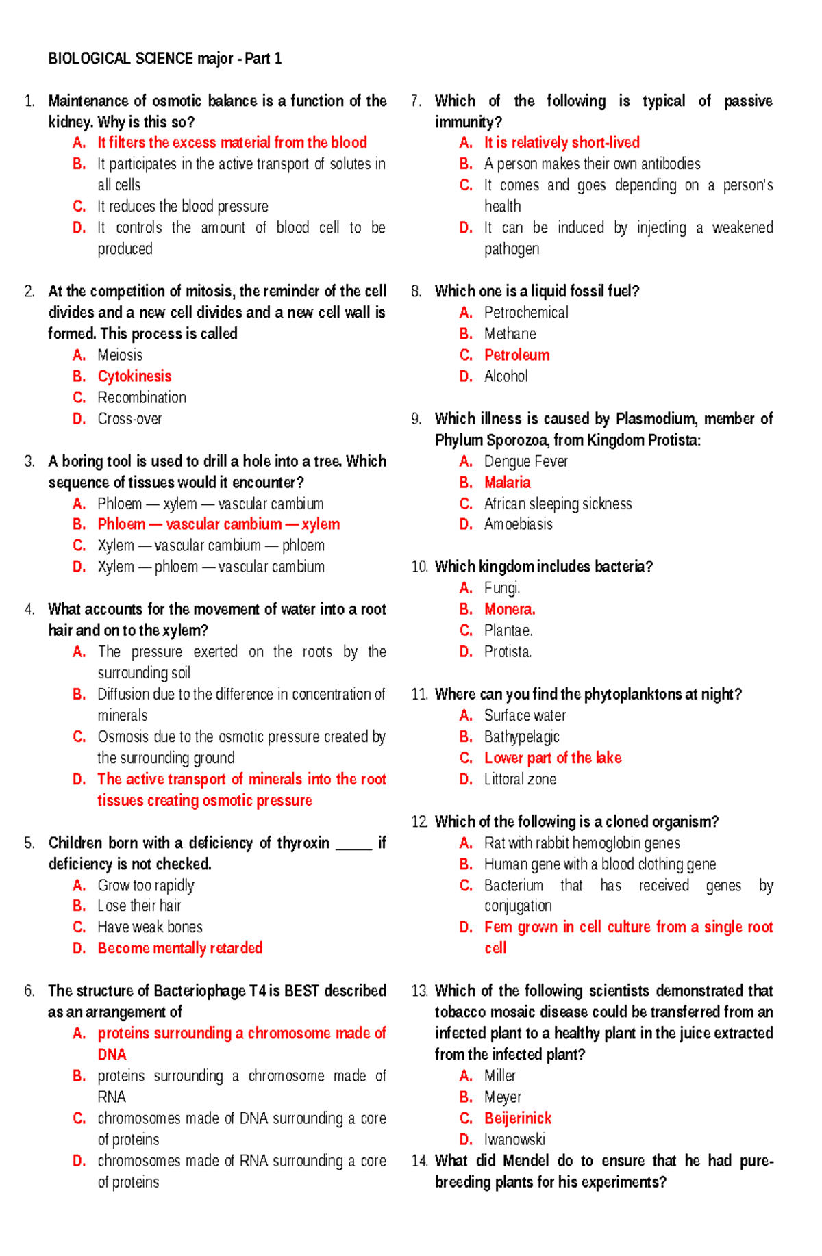 Biological Science Major Review: Key Concepts and Questions - Studocu