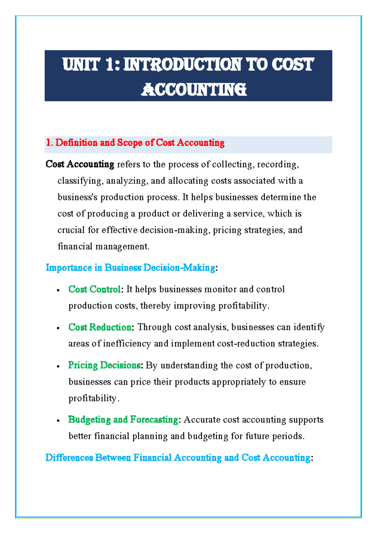 Unit 1: Introduction to Cost Accounting - Concepts and Objectives - Studocu