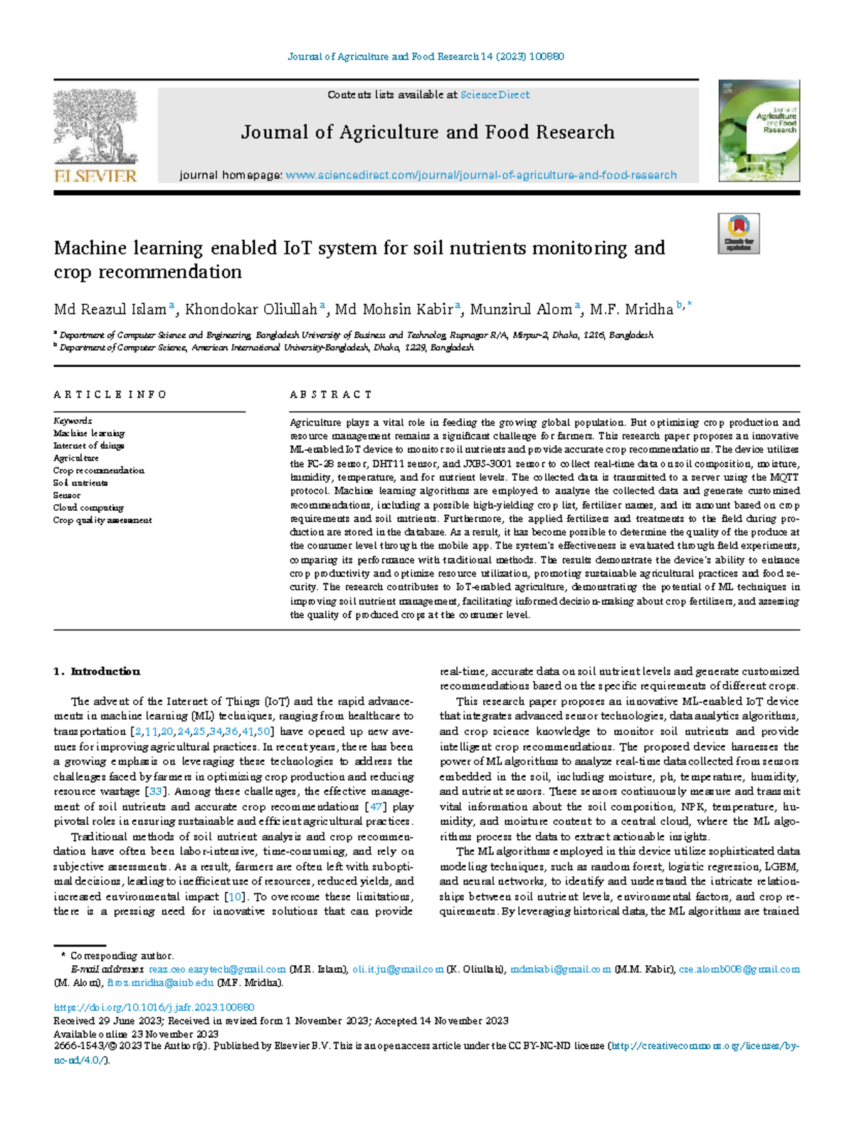 Machine Learning and IoT for Soil Nutrient Monitoring and Crop ...