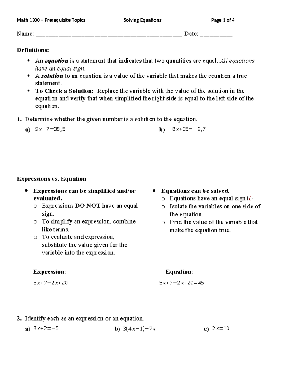 Math 1300 Prerequisite Topics: Solving Linear Equations Guide - Studocu