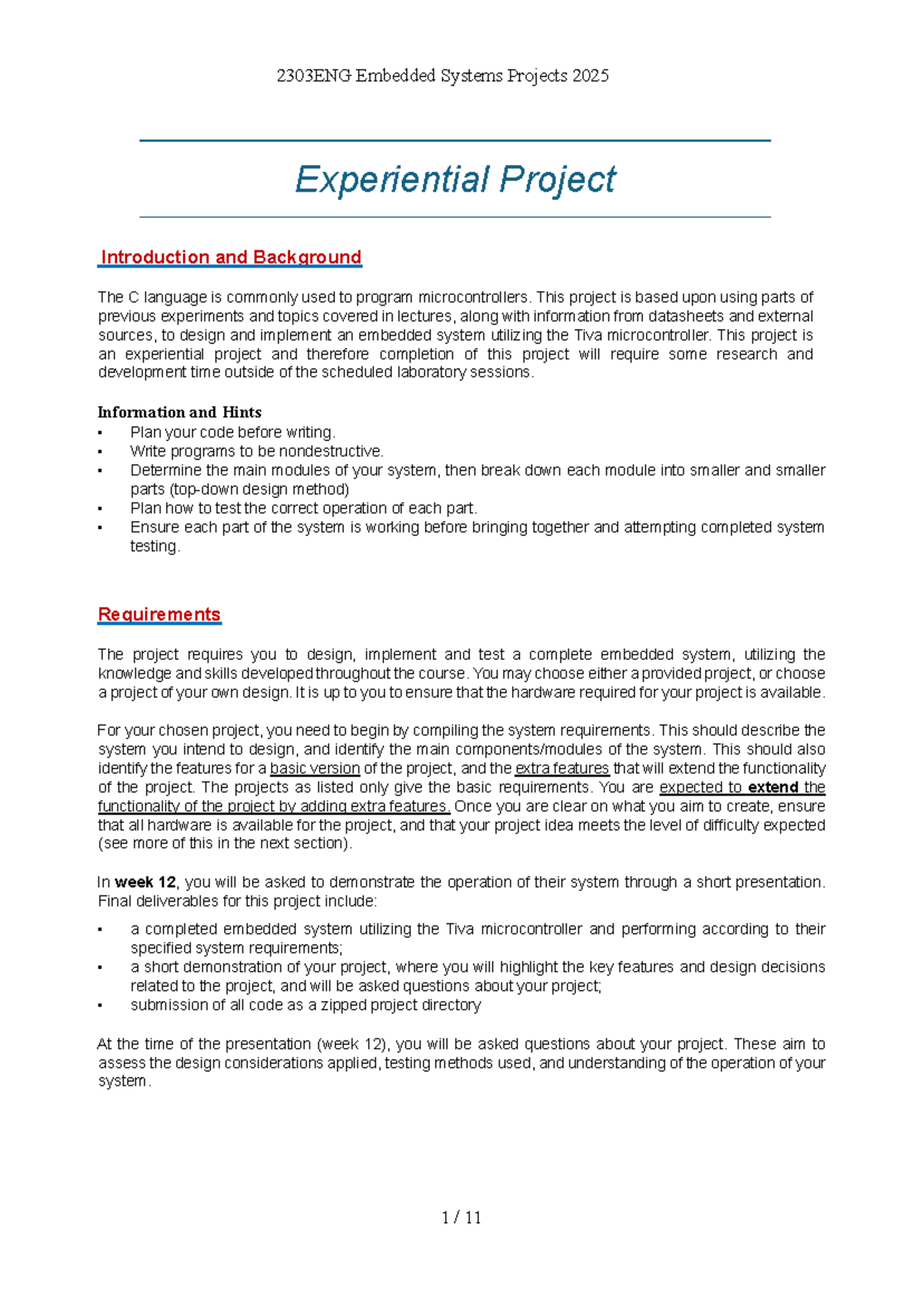 2303ENG Embedded Systems Projects 2025: Project Overview and Guidelines ...