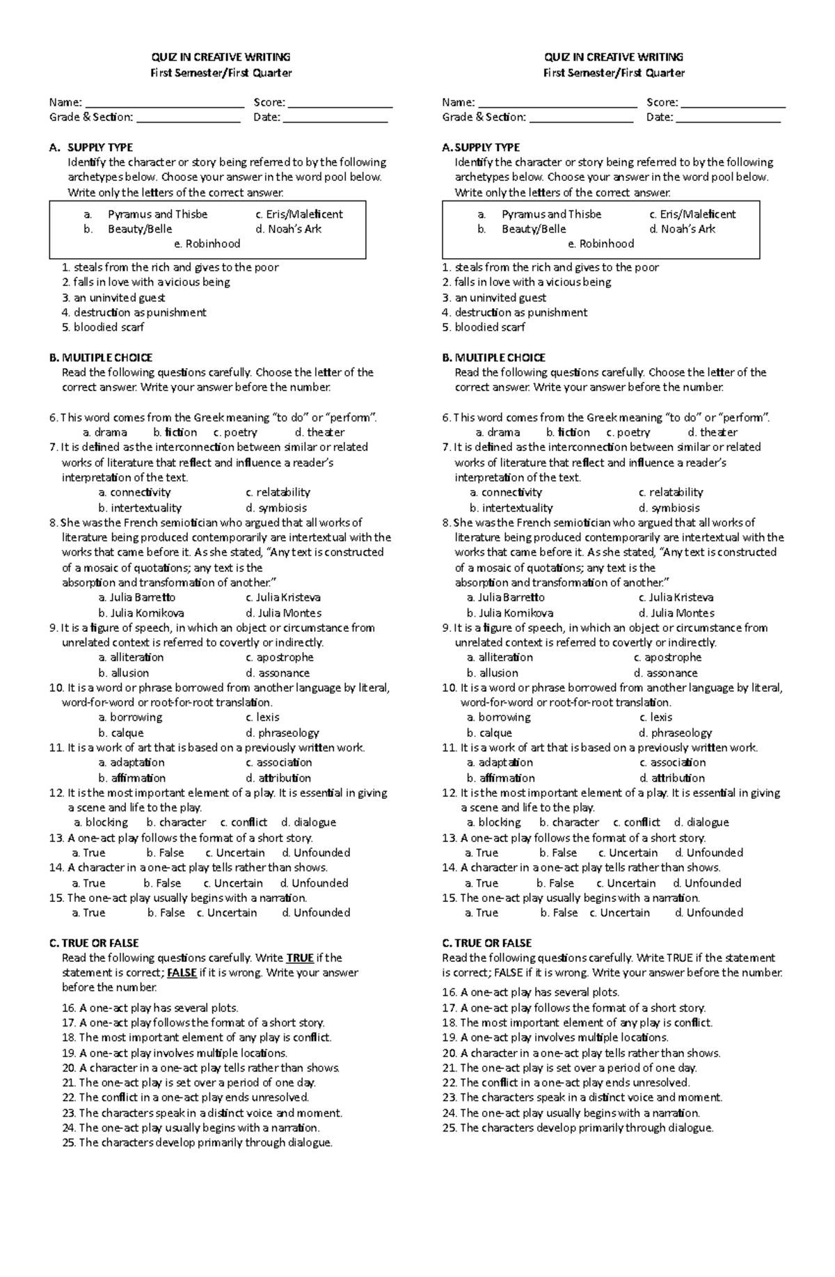 2ND QUIZ IN Creative Writing: Archetypes & Literary Terms - Studocu