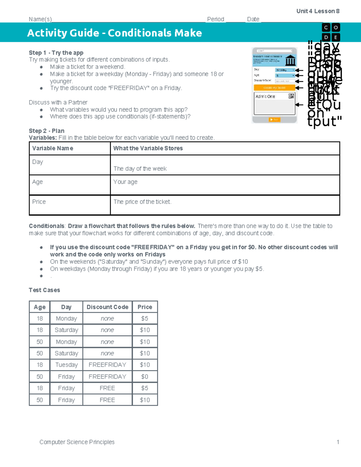 Activity Guide - Conditionals Make for CSP 1 Unit 4 Lesson 8 - Studocu