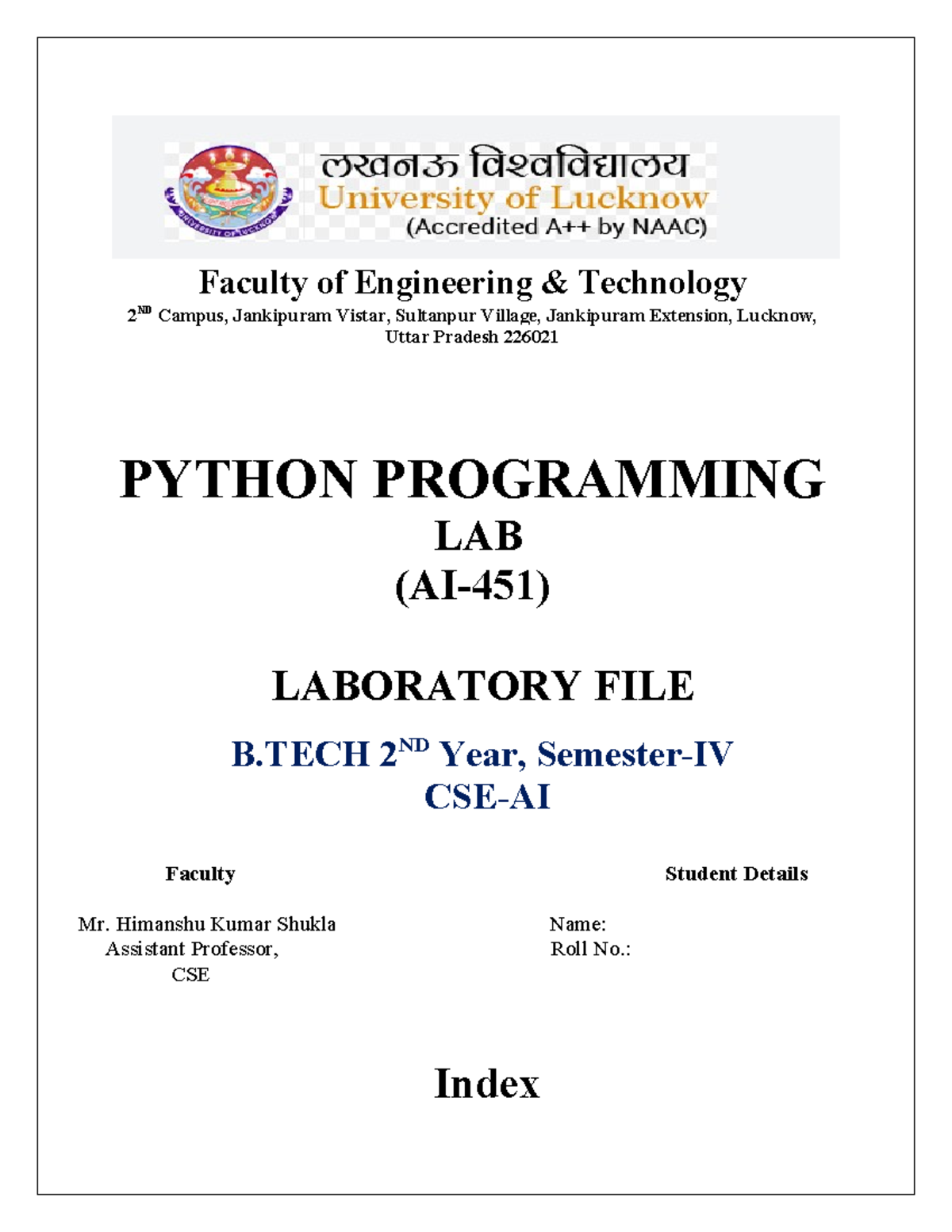 Python LAB Cover PAGE - for file - Faculty of Engineering & Technology 2 ND Campus, Jankipuram ...