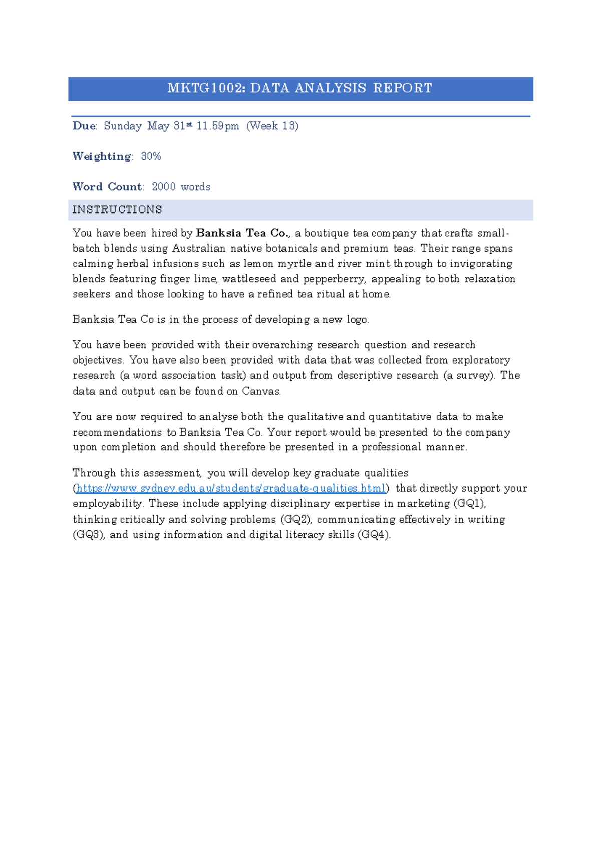 MKTG1002: Data Analysis Report for Banksia Tea Co. Logo Research - Studocu