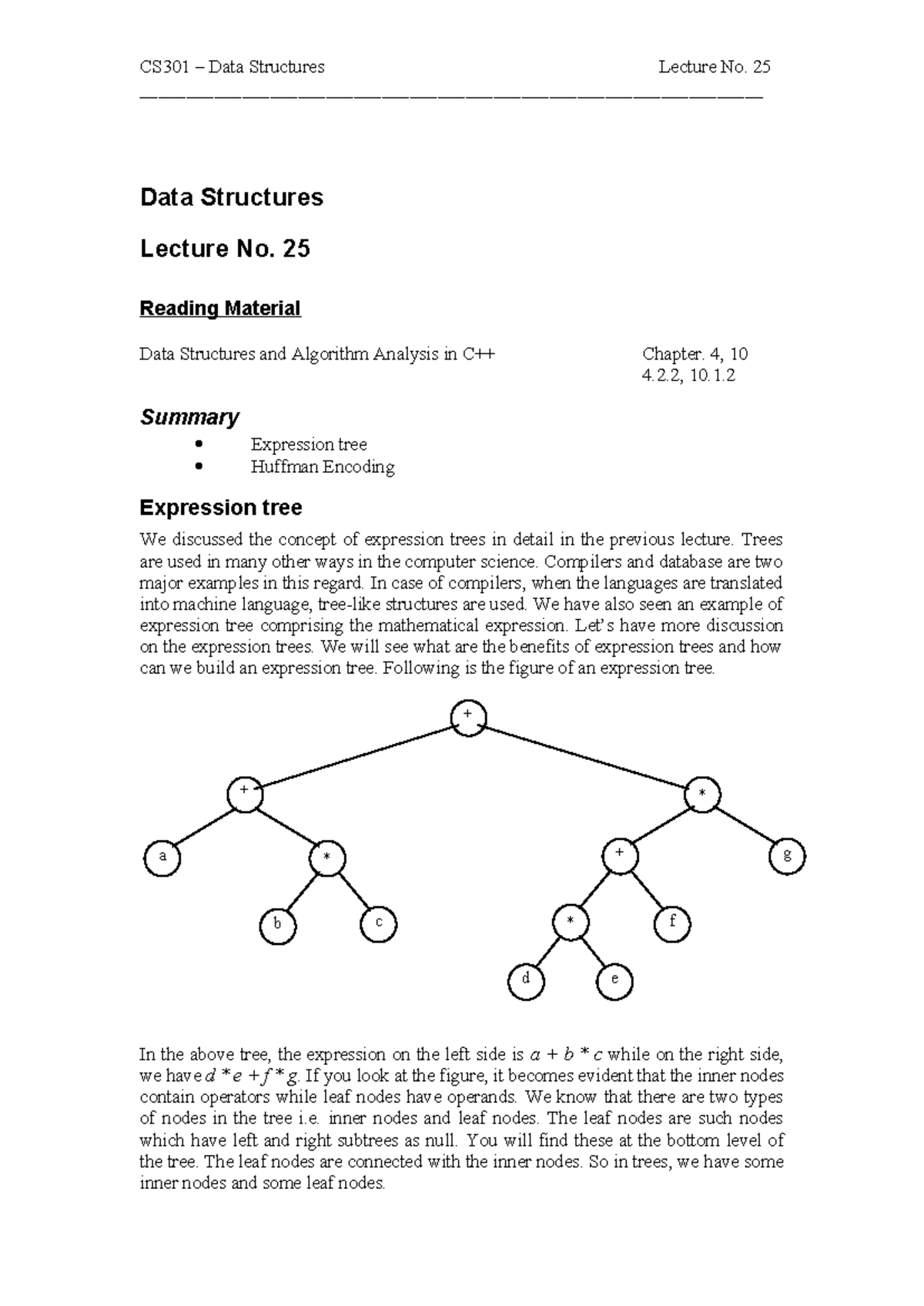 CS301 Data Structures Lecture 25: Expression Trees & Huffman Encoding - Studocu