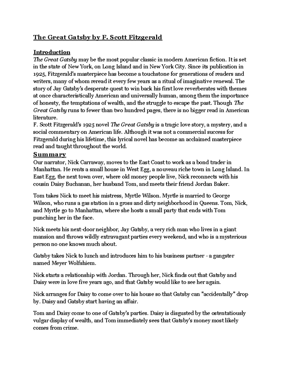 Study Guide 2: The Great Gatsby (F. Scott Fitzgerald) Analysis - Studocu