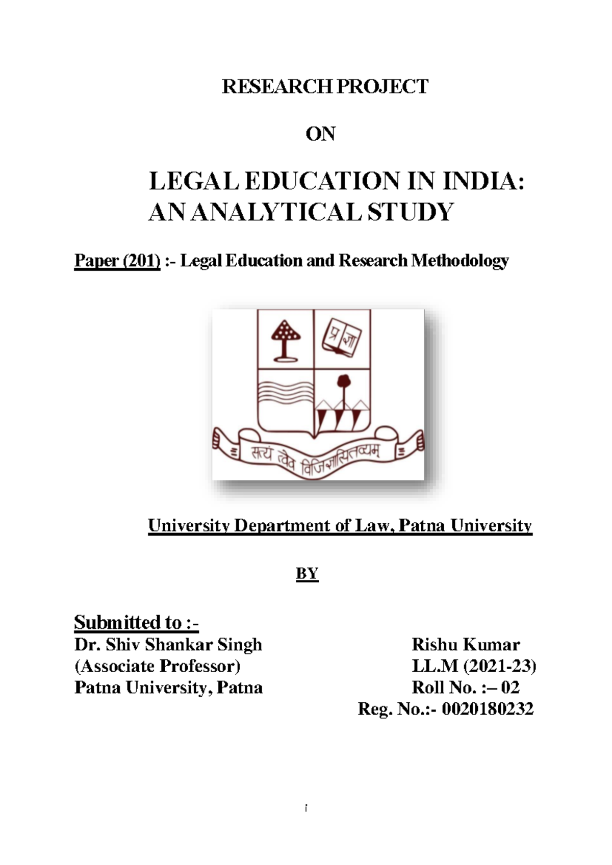 Sample Project Legal Education - i RESEARCH PROJECT ON LEGAL EDUCATION ...