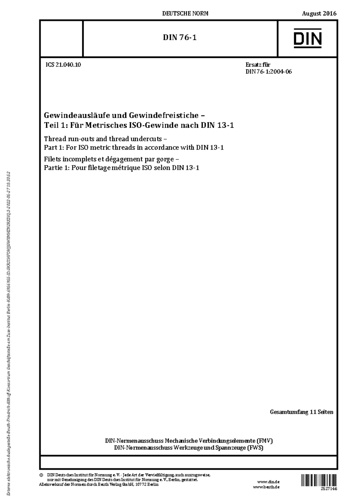 DIN 76-1: Gewindeausläufe und Gewindefreistiche für ISO-Gewinde - Studocu