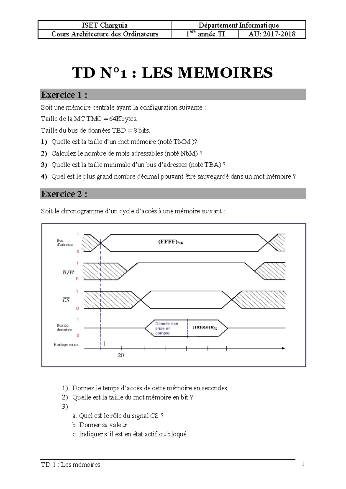 TD1: Les Mémoires - Cours Architecture des Ordinateurs ISET - Studocu