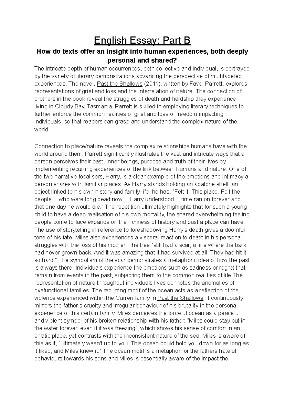 ENG 201 Essay: Insights into Grief in "Past the Shallows" - Studocu