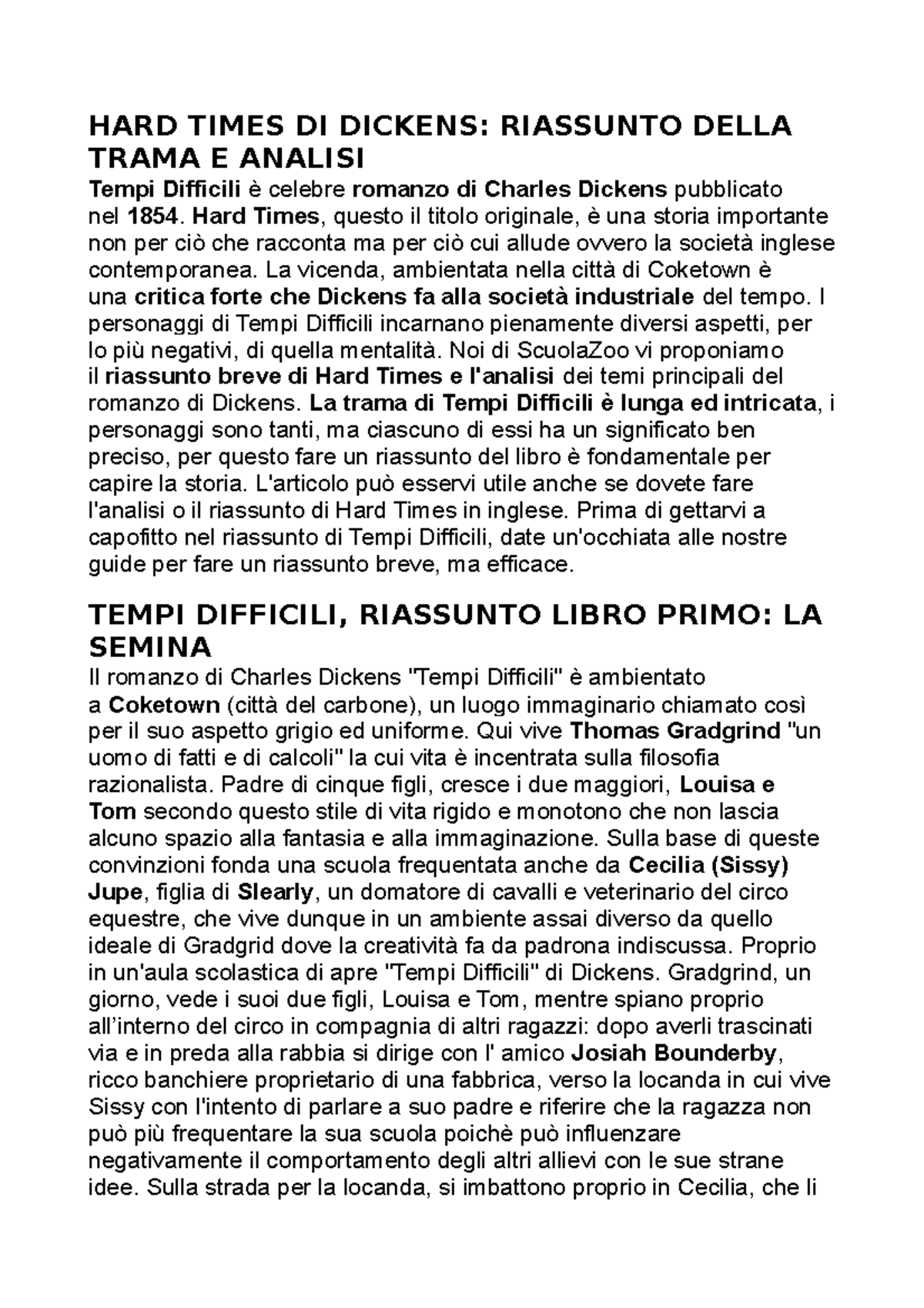 Tempi Difficili (Hard Times) di Dickens: Riassunto e Analisi - Studocu