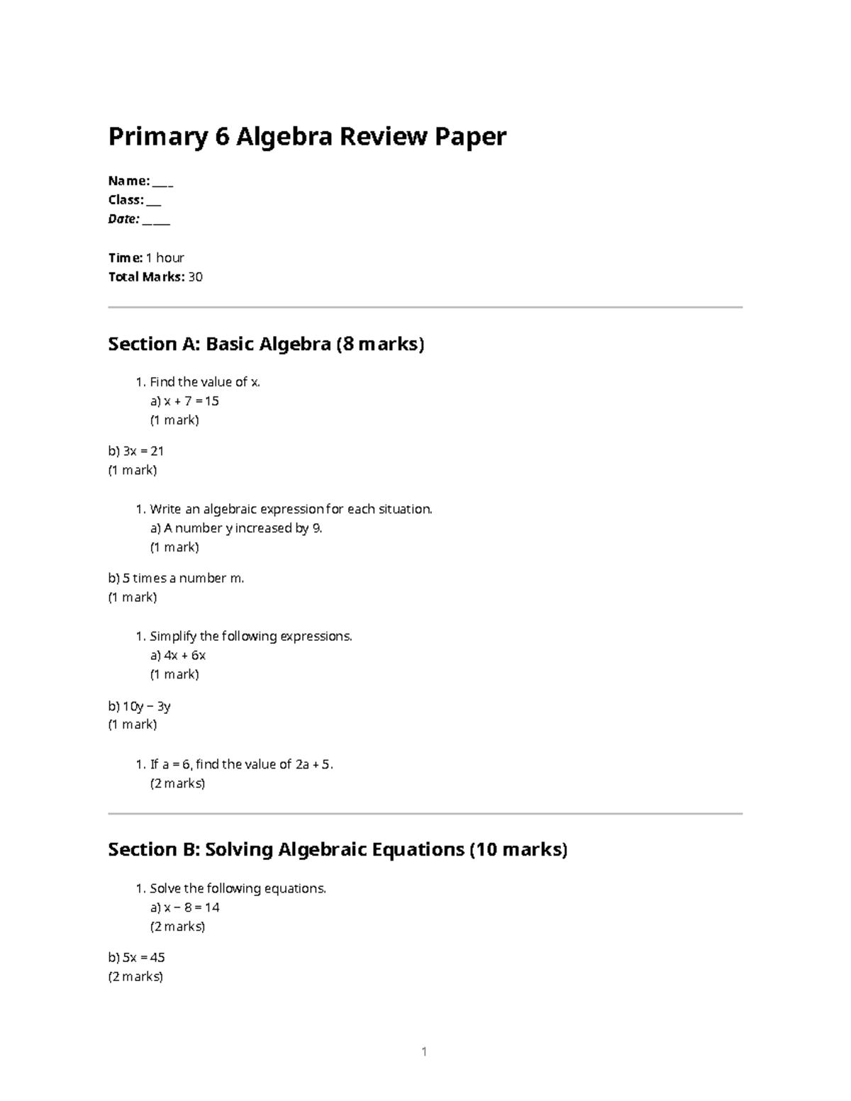 Primary 6 Algebra Review Paper: Key Concepts & Practice - Studocu